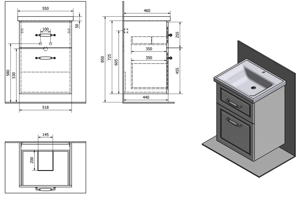 Aqualine, FAVOLO umyvadlová skříňka 52x72,5x44 cm, bílá mat, FV255