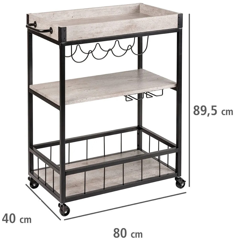 Kuchyňský vozík RUSTICO, třístupňový stojan na kolečkách s držáky na lahve a brýle - 80 x 89,5 x 40 cm