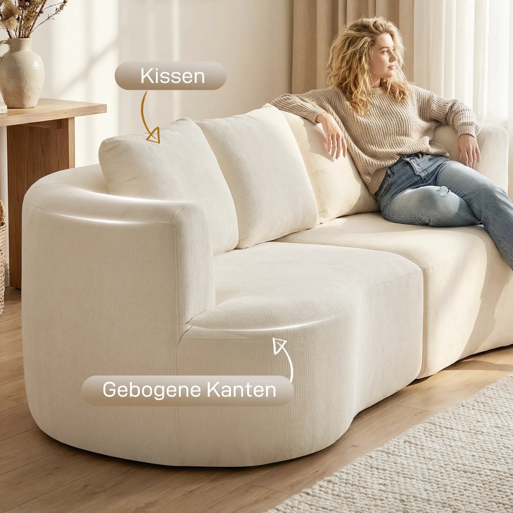 HOMCOM pohovka pro 3 osoby, 260 cm, chenille ‚cloud‘ sedačka s 3 bederními polštáři, širokými područkami a polstrovaným sedákem — krémová