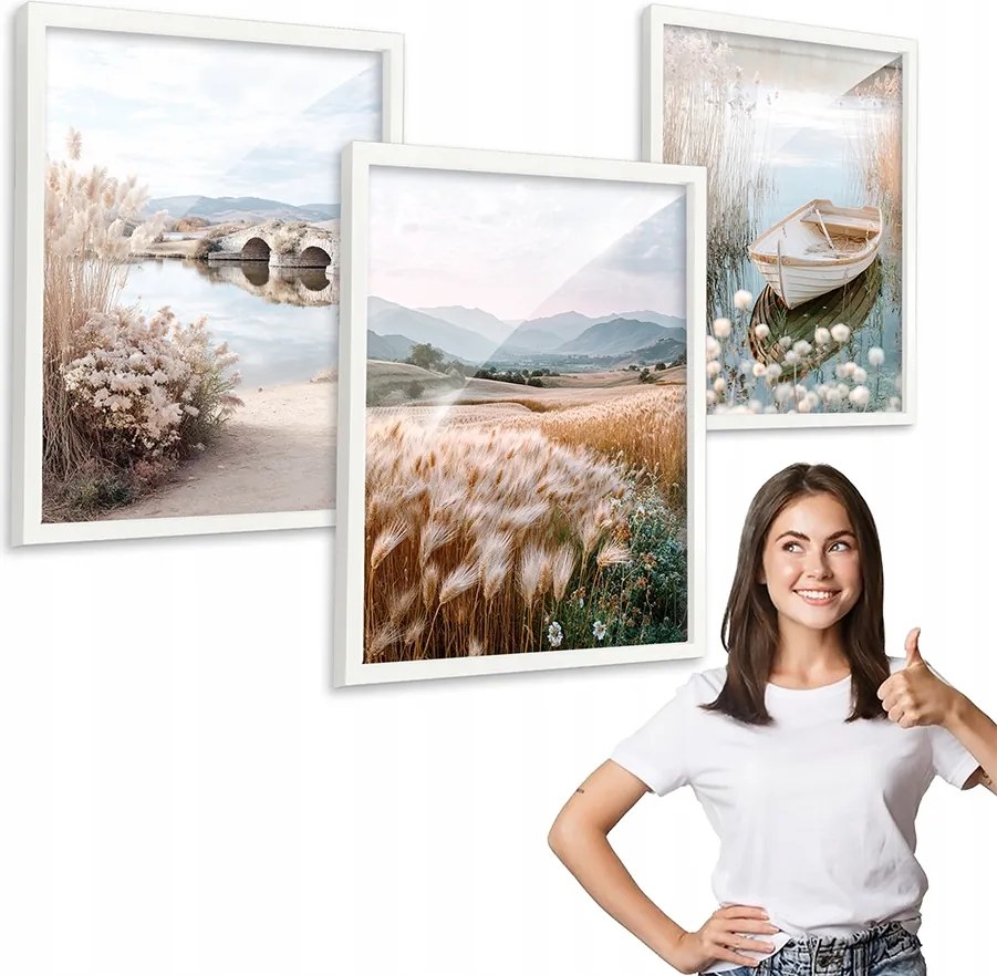Sada 3 obrazů Boho Natura Loďka s bílým rámečkem 50x70 triptych do kuchyně