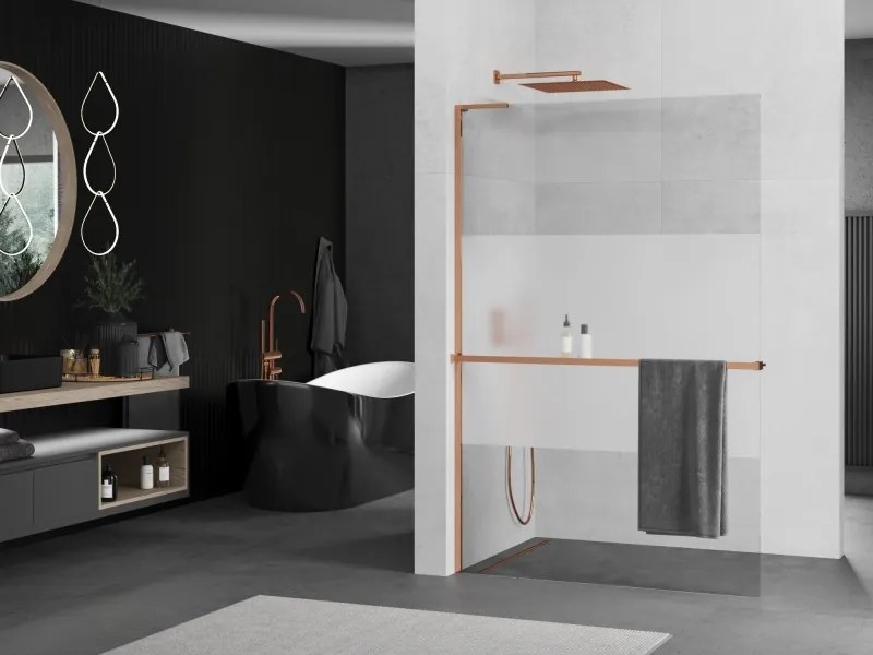 Mexen Kioto+ L, sprchová zástěna Walk-In s poličkou a ramínkem 100 x 200 cm, 8mm čiré sklo-námraza, růžové zlato profil, 800-100-123-60-35