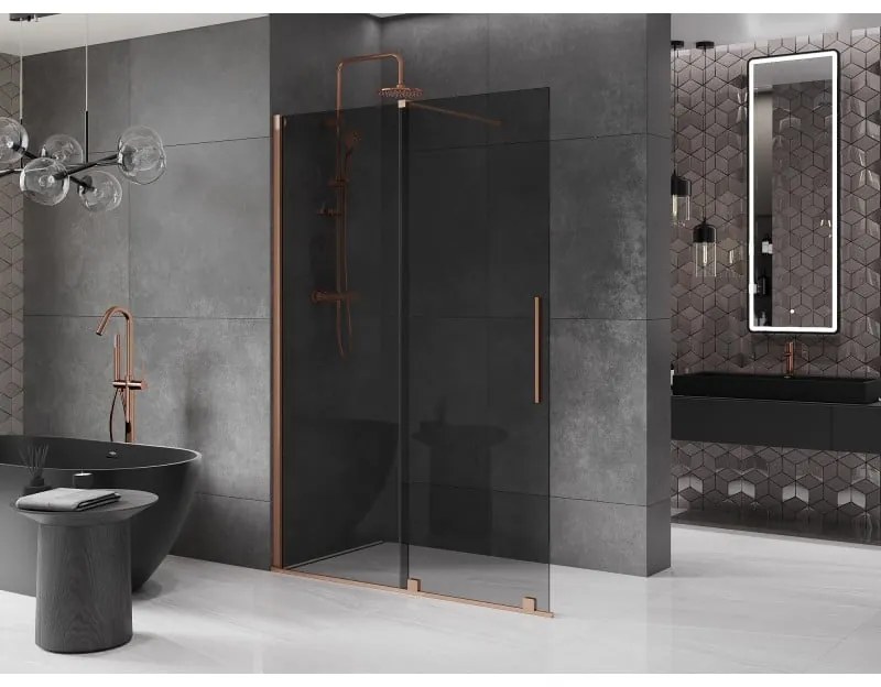 Mexen Velar, sprchová zástěna s posuvnými dveřmi Walk-in 150 x 200 cm, 8mm šedé sklo, měděná matná, 871-150-000-43-65