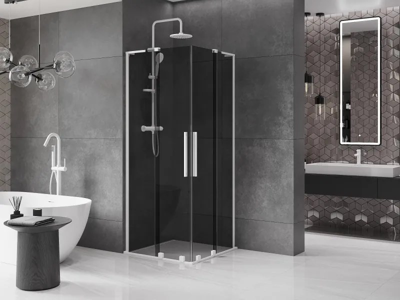 Mexen Velar L Duo, sprchový kout s posuvnými dveřmi 100 x 100 cm, 8mm šedé sklo, bílá matná, 871-100-100-02-43-20