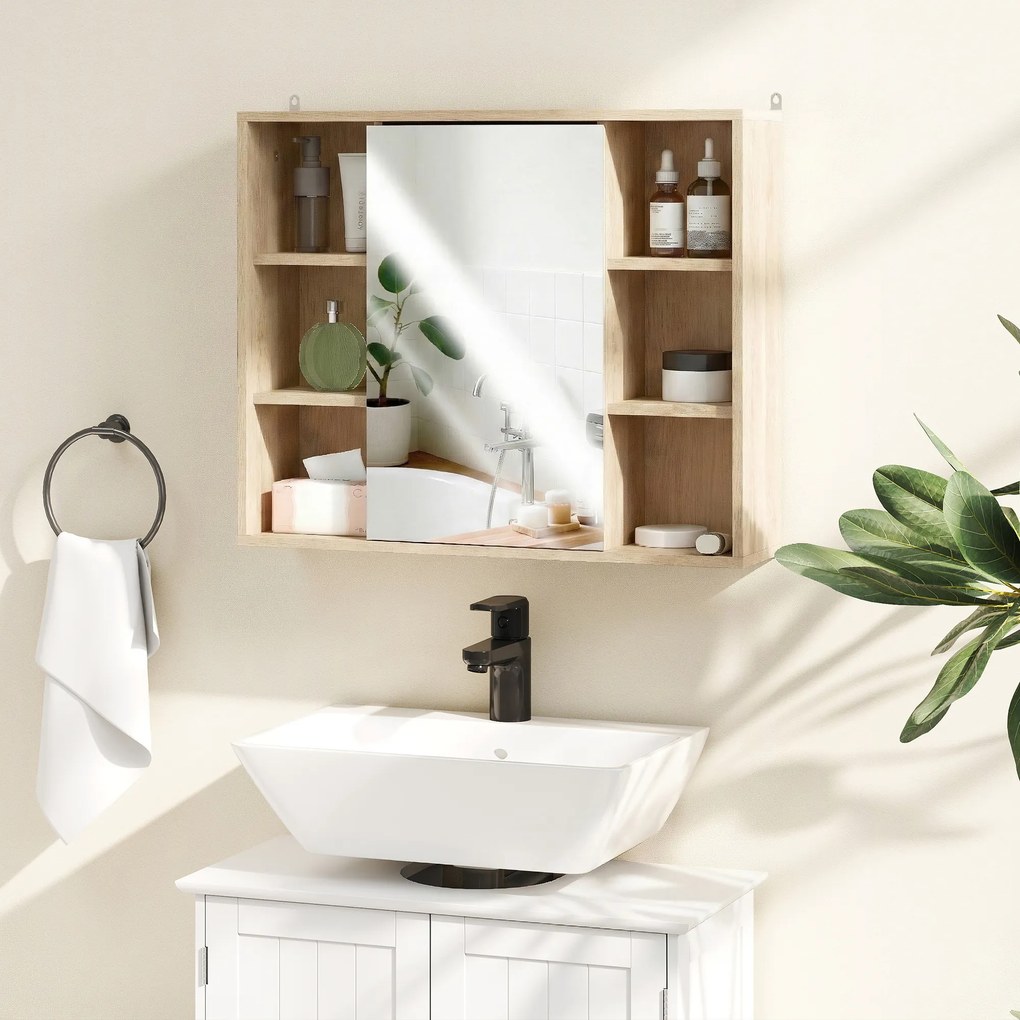 HOMCOM Závěsná zrcadlová skříňka do koupelny — 6 otevřených polic a zrcadlové dveře, přírodní dřevo, 60 × 14,5 × 49,4 cm (23,6 × 5,7 × 19,4 in)