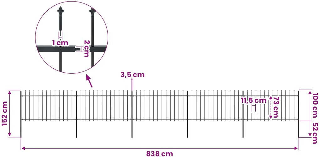 Zahradní plot s kopím nahoře ocelový 838 x 100 cm černý 277615
