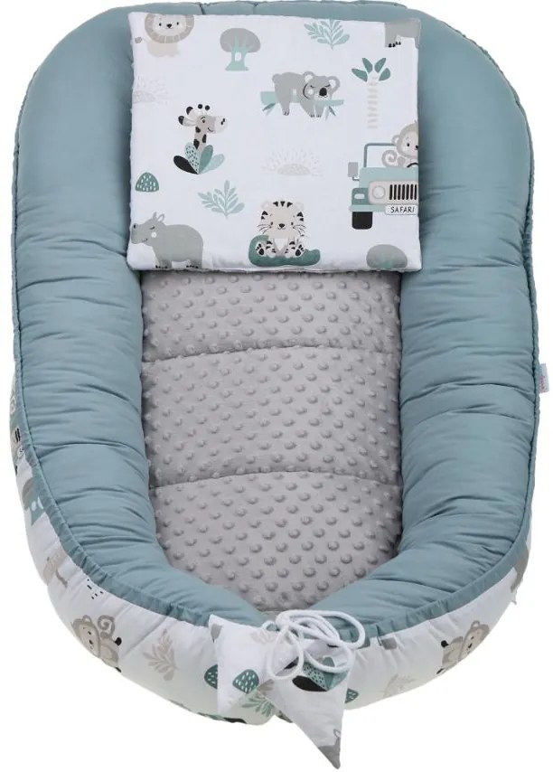 Oboustranné hnízdečko (kokon) pro miminko - BABYMAM PREMIUM set 7v1 - Na safari s šedou minky