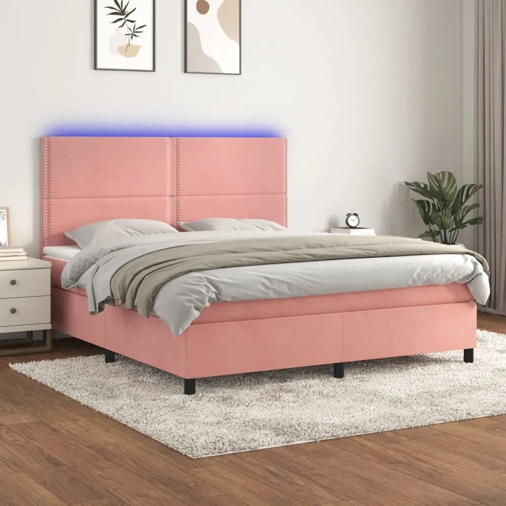 Box spring postel s matrací a LED růžová 160x200 cm samet
