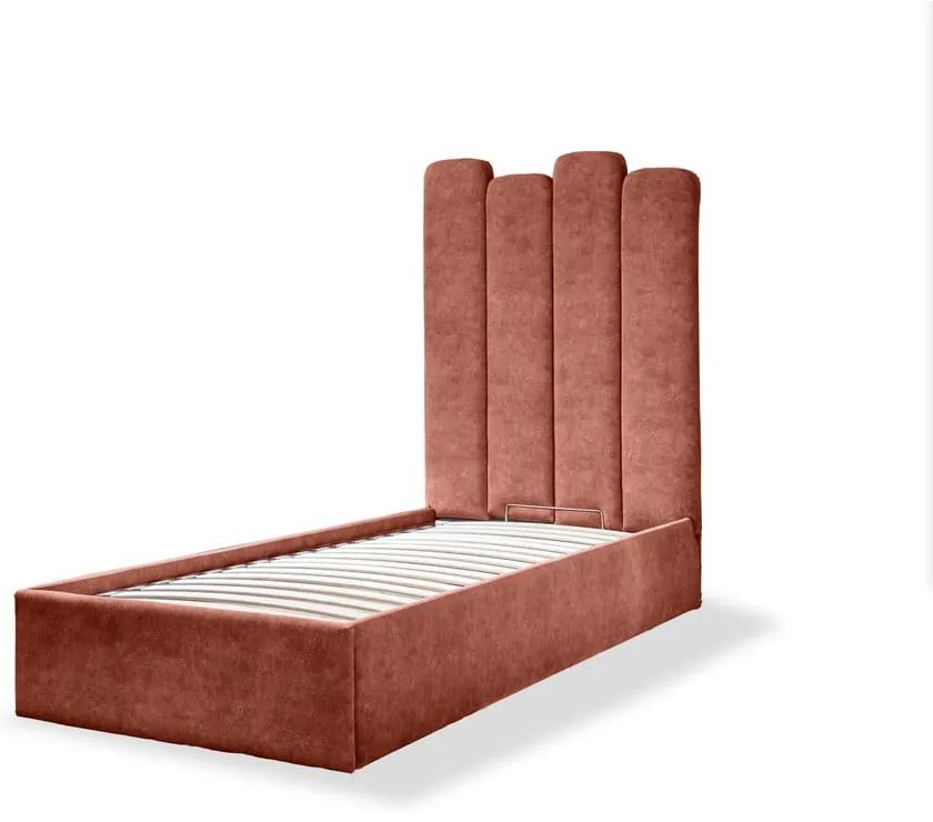 Čalouněná jednolůžková postel s úložným prostorem s roštem 90x200 cm v cihlové barvě Dreamy Aurora – Miuform