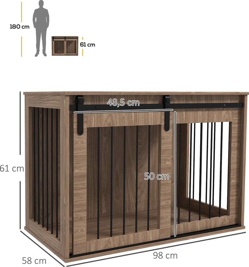 PawHut Box pro psy Klec pro psy, uzamykatelná, dřevěný vzhled, rustikální design, 98 cm x 58 cm x 61 cm, ořech + černá barva