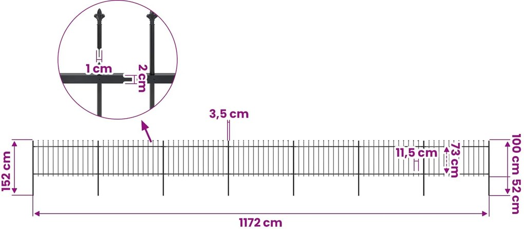 Zahradní plot s kopím nahoře ocelový 1172 x 100 cm černý 277617