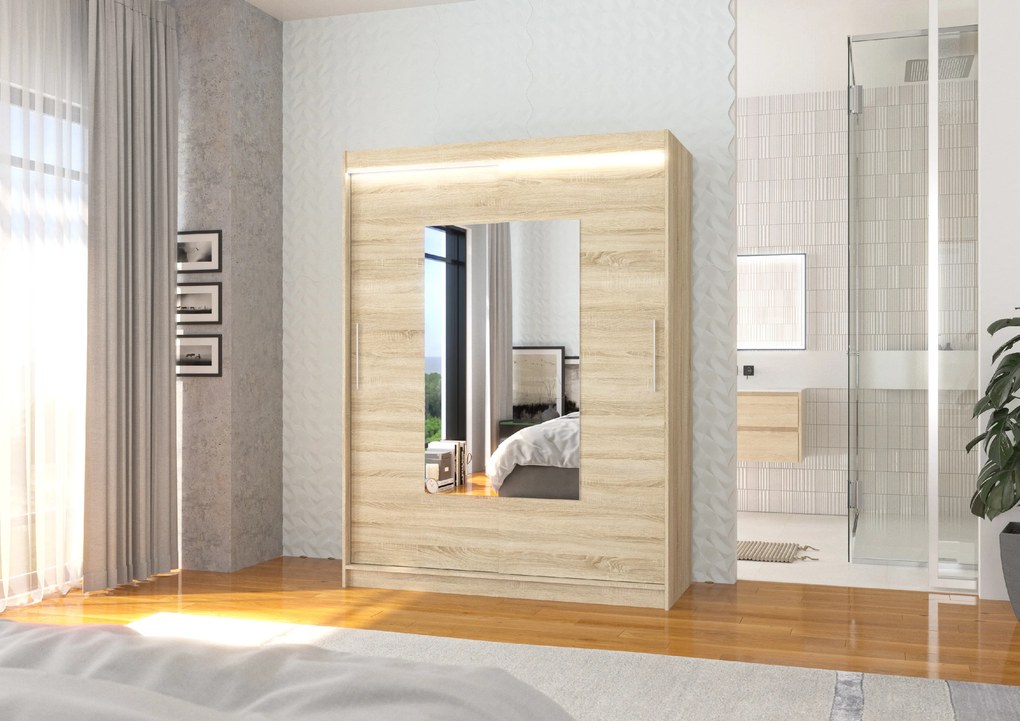 ADRK Furniture Posuvná skříň se zrcadlem a LED osvětlením DORRIGO 150 SW-DOR-S-150+L-V126