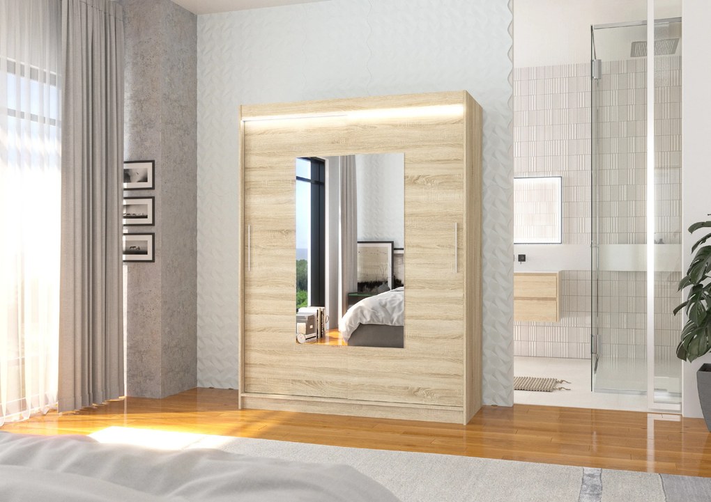 ADRK Furniture Posuvná skříň se zrcadlem a LED osvětlením DORRIGO 150 SW-DOR-S-150+L-V126