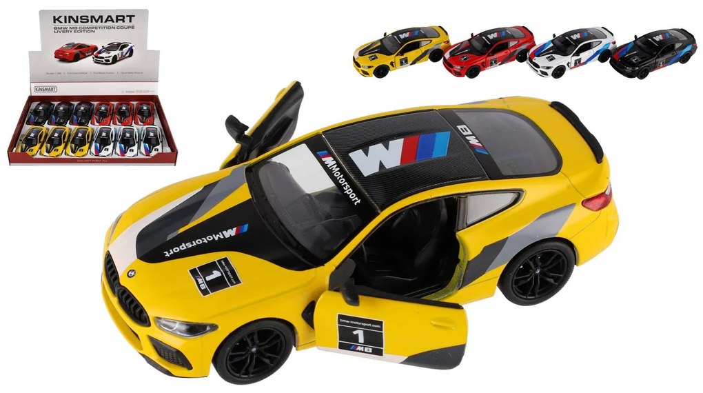 Auto Kinsmart BMW M8 Competition Coupé 1:38 kov/plast 12,5cm 4 barvy na zpětné natažení