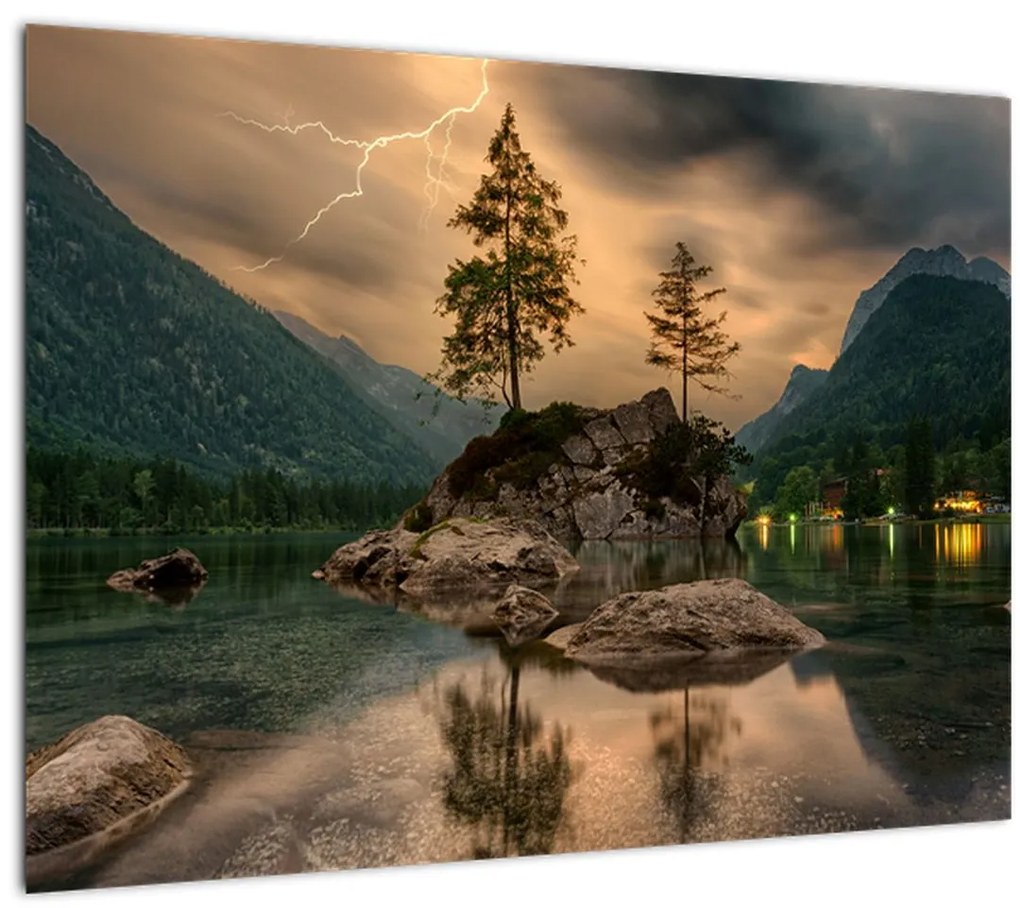 Skleněný obraz - jezero v horách (70x50 cm)