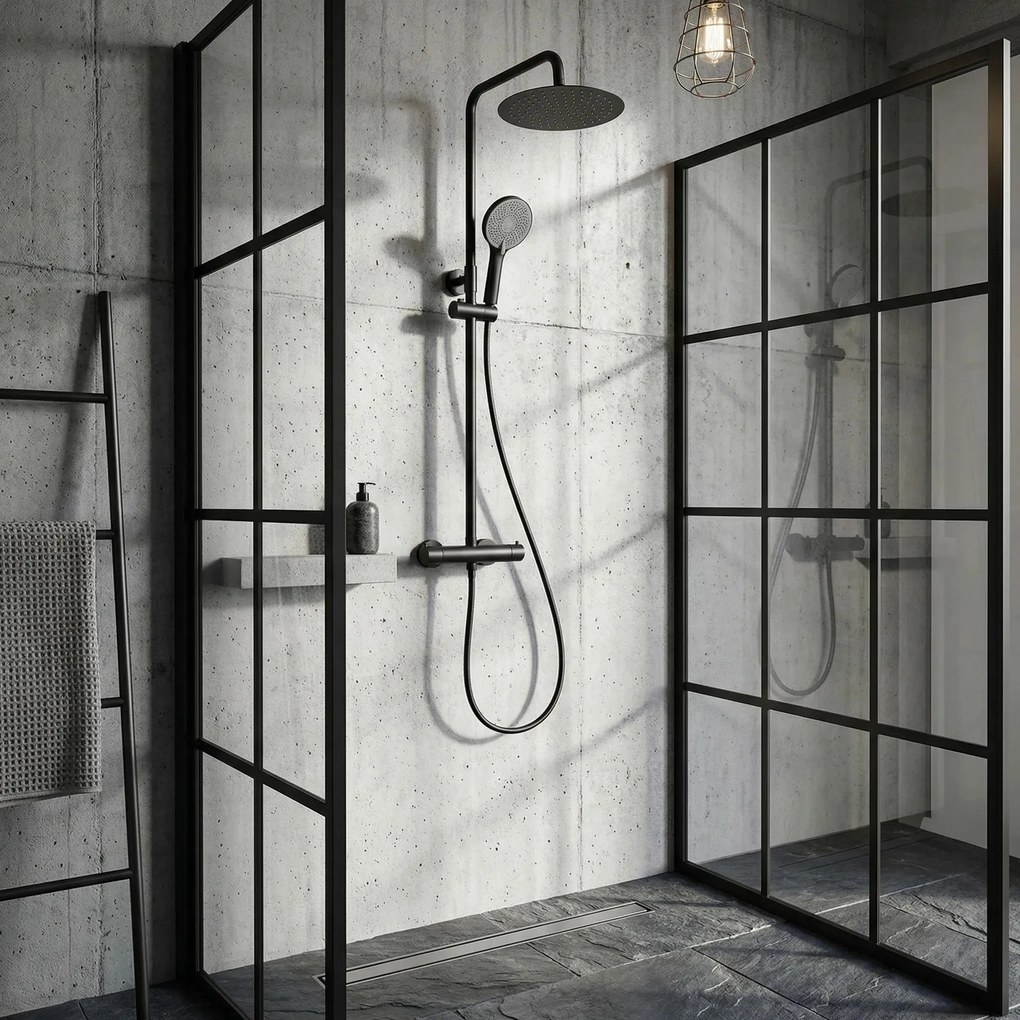 Sprchový komplet s termostatickou baterií REA LUNGO bez výtoku, černá mat