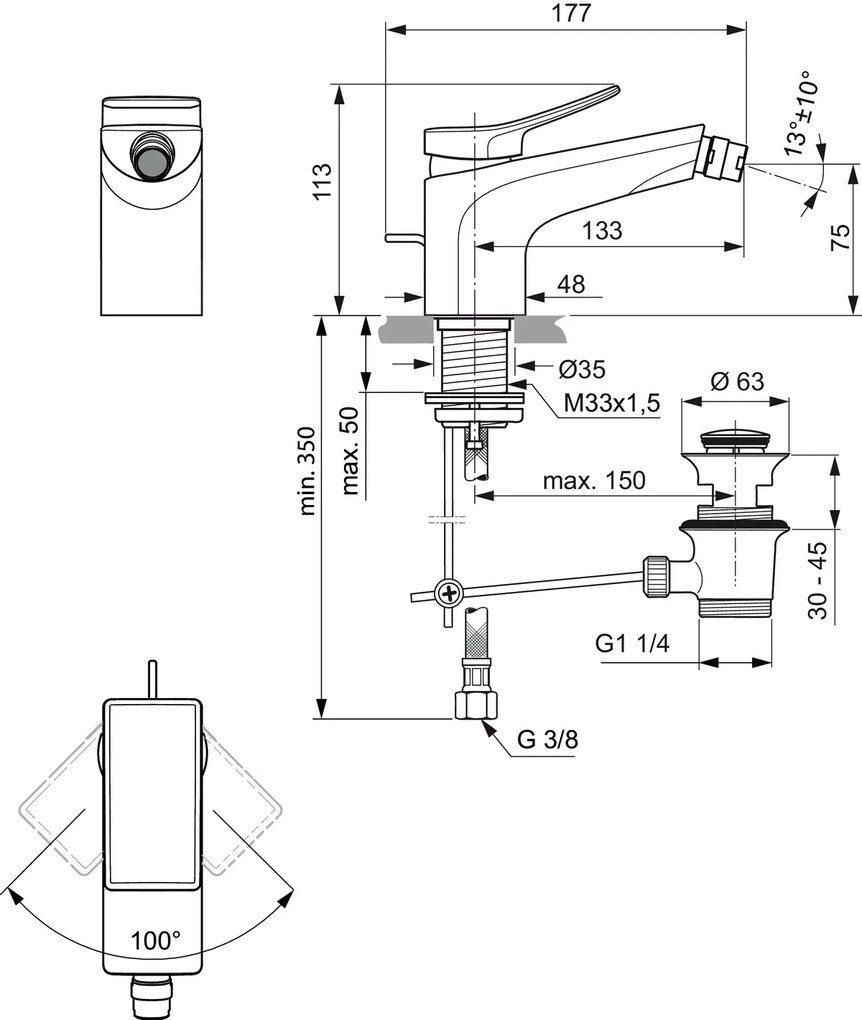 Ideal Standard Conca - Bidetová baterie s odtokovou garniturou, chrom BC760AA