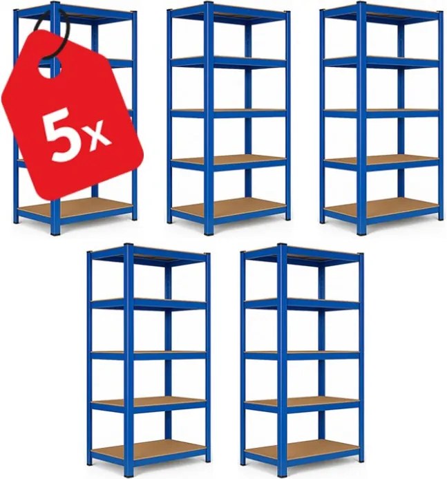 Akce 5x Regál 180x90x40 cm lakovaný 5-policový, nosnost 875 kg - modrý