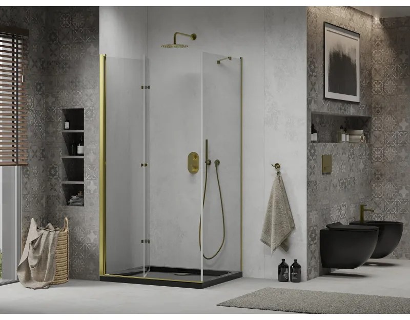 Mexen Lima, sprchový kout se skládacími dveřmi 100 (dveře) x 80 (stěna) cm, 6mm čiré sklo, chromový profil + slim sprchová vanička černá + zlatý sifon, 856-100-080-50-00-4070G