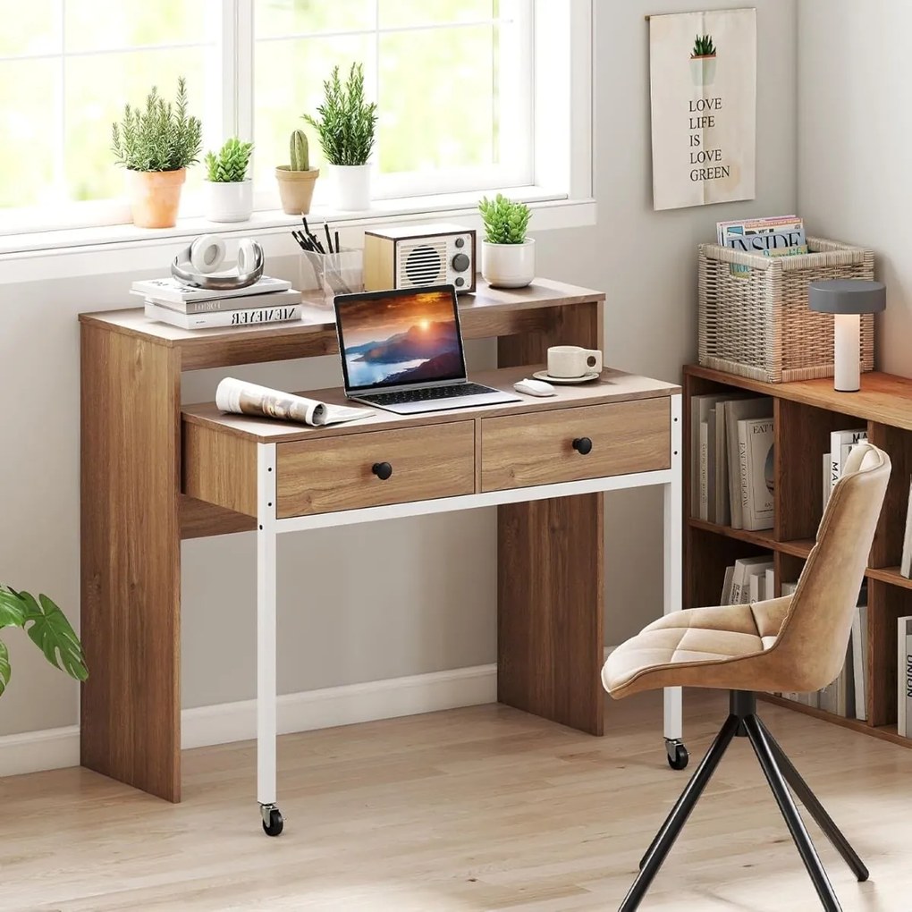 Costway Rozkládací stůl malý s 2 zásuvkami a kolečky – 100 × 63 × 88 cm