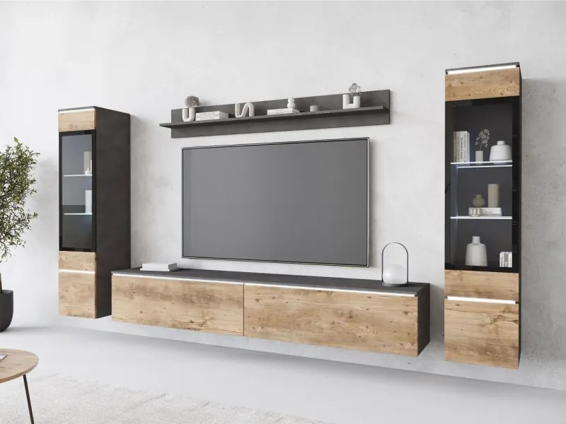Nábytek do obývacího pokoje Sawoti II, Barva: matera / breslau kaštan, Osvětlení: osvětlení LED - bílé