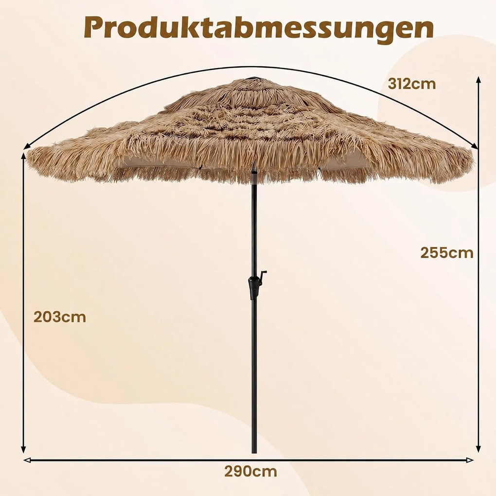 Costway Slunečník Hawaii 290 cm 30° naklápěcí se solárním LED osvětlením světle