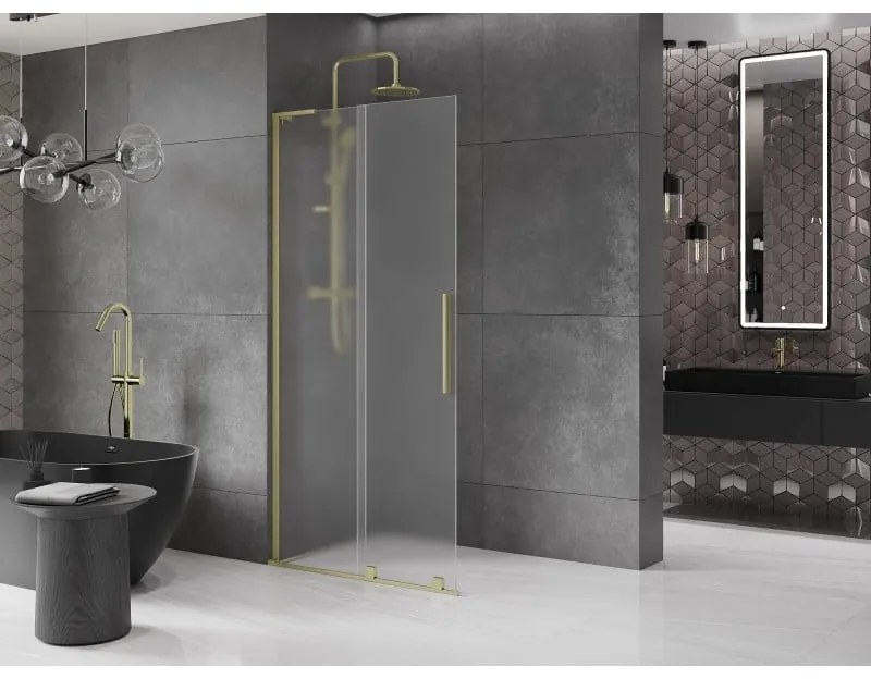 Mexen Velar L, posuvná sprchová zástěna Walk-in 100 x 200 cm, 8mm sklo námraza, zlatá matná, 871-100-003-33-55