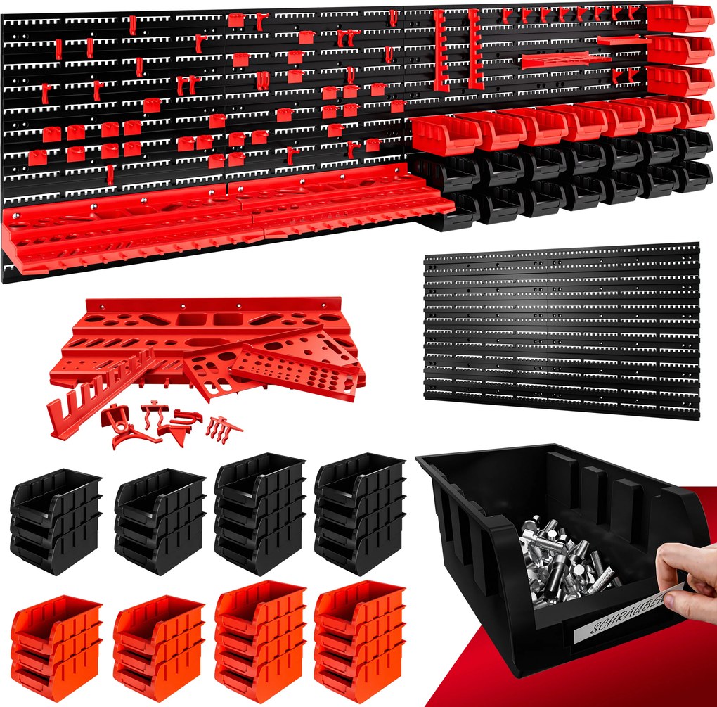 Stěna na nářadí černá/červená 97dílný včetně stohovatelné boxy