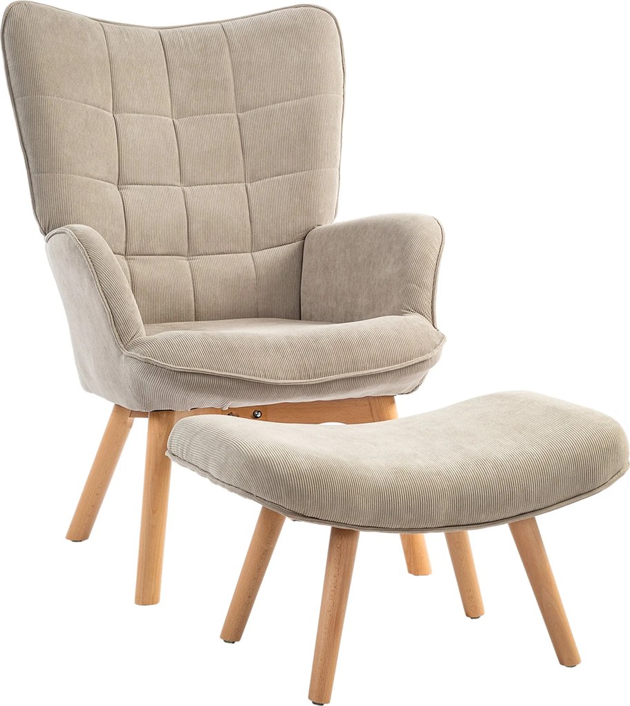 Křeslo HOMCOM s otomanem, vysoké křeslo s opěrkou, dřevěné nohy, lounge křeslo s prošívaným designem, vzhled sametu, pro obývací pokoj, světle hnědé |