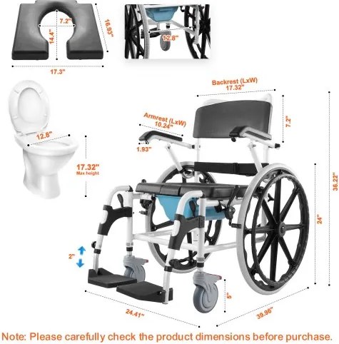 Sprchový invalidní vozík 44,5 cm koupelnový z Al slitiny pro tělesně postižené