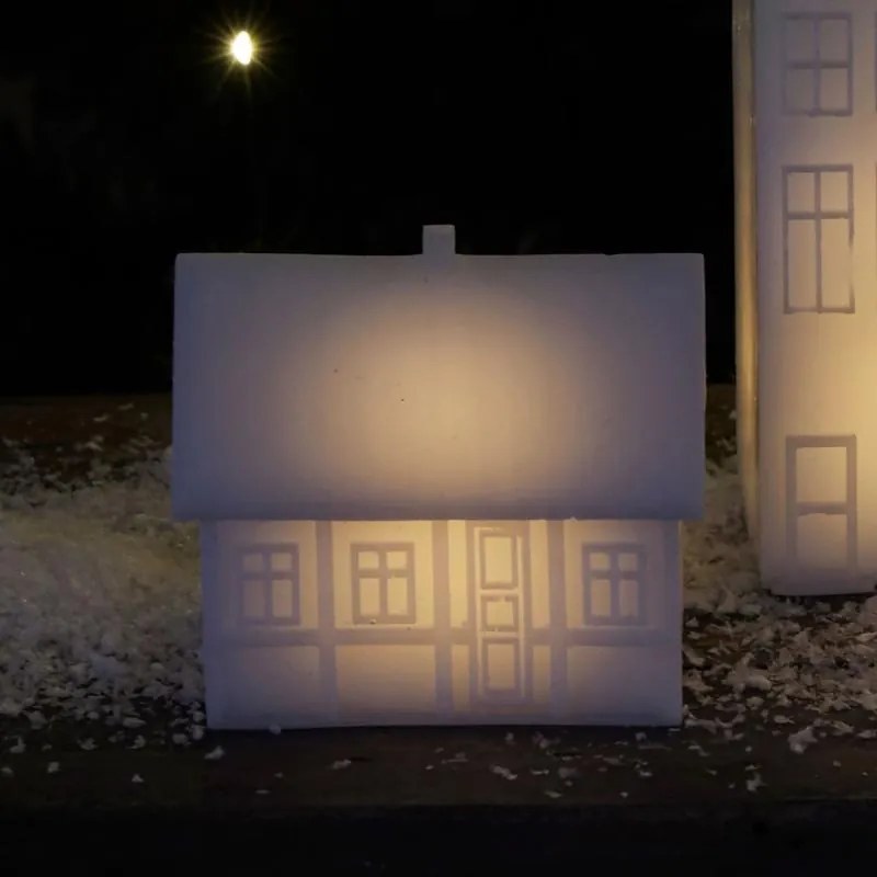 LED svítící Kodaňský hrázděný domeček, 9 × 6 × 8 cm, voskový, teple bílá, bílý,