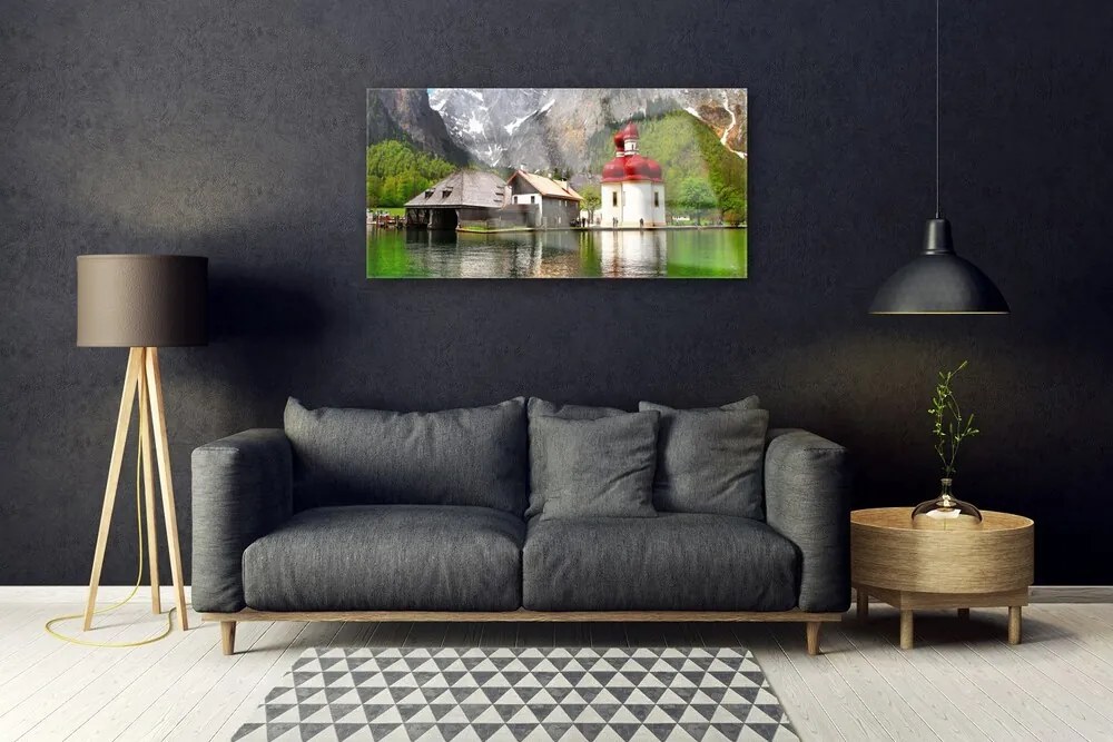 Obraz na skle Hora Strom Dům Krajina 100x50 cm