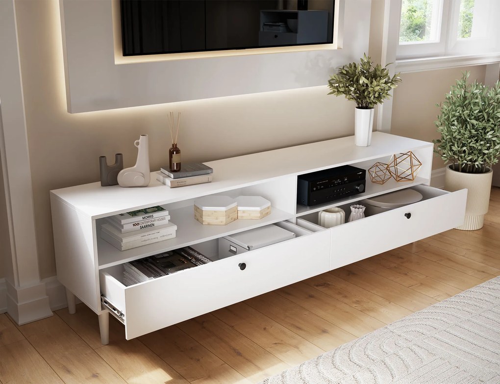 TV stolek s policí a skříňkami DULLUM 200x58cm, bílý