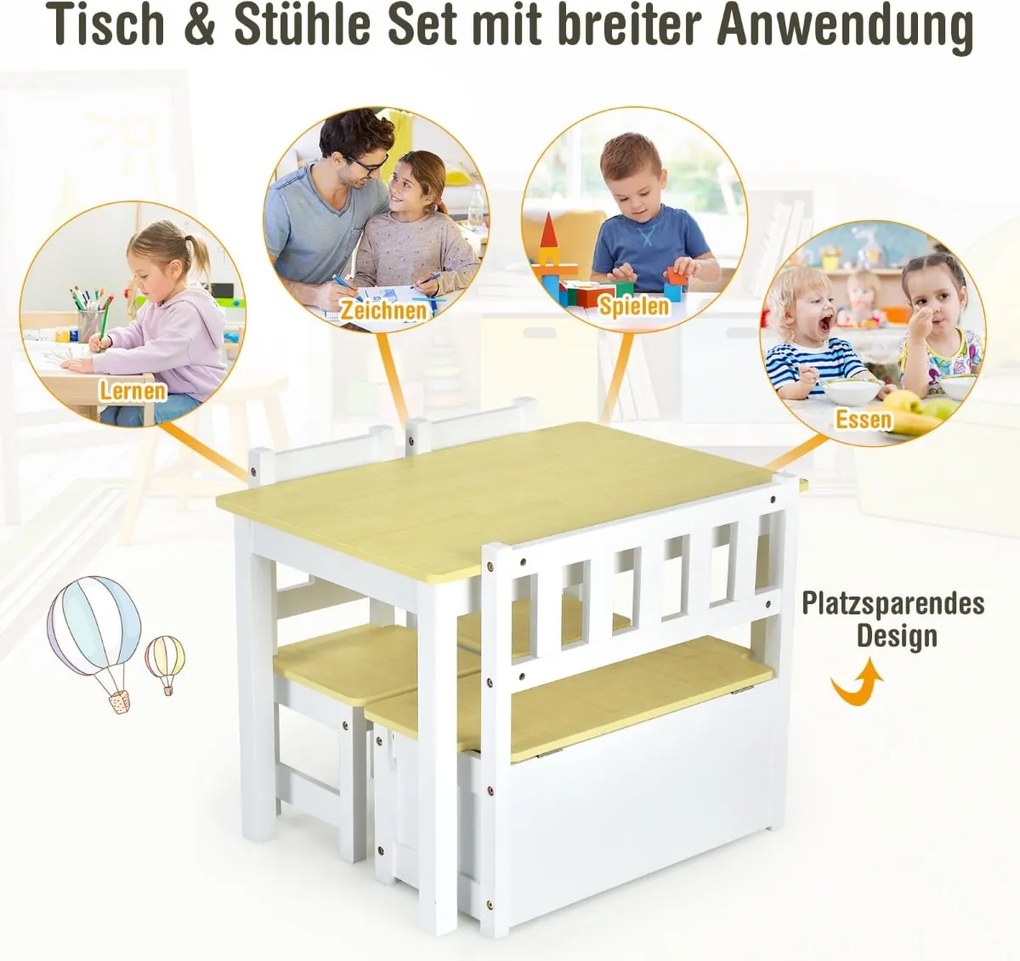 Costway 4-dílný set stolu a židlí pro děti 2 v 1 Dřevěná sada pro batolata