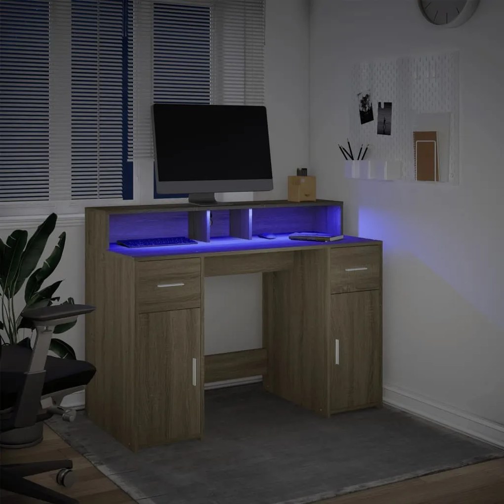 vidaXL Psací stůl s LED světly 120 x 55 x 91 cm kompozitní dřevo [3309418] Barva: Staré dřevo