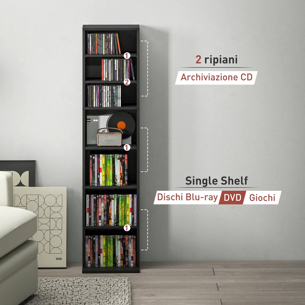HOMCOM knihovna s 9 policemi pro 260 CD, moderní design, CD regál z dřevotřísky, 33x24x140 cm, černá