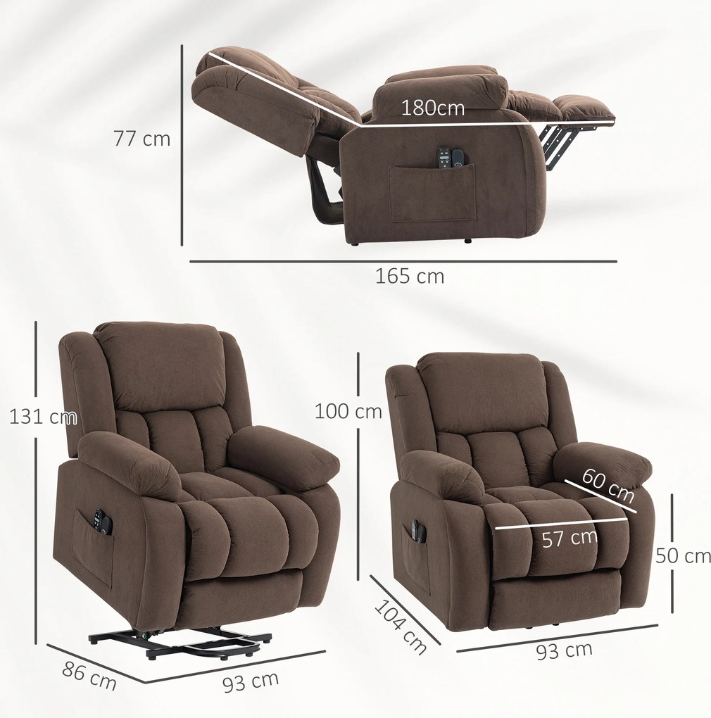 HOMCOM elektrické křeslo se vstáváním, elektrické relaxační křeslo s masážní a topnou funkcí, 93 x 104 x 100 cm, hnědá