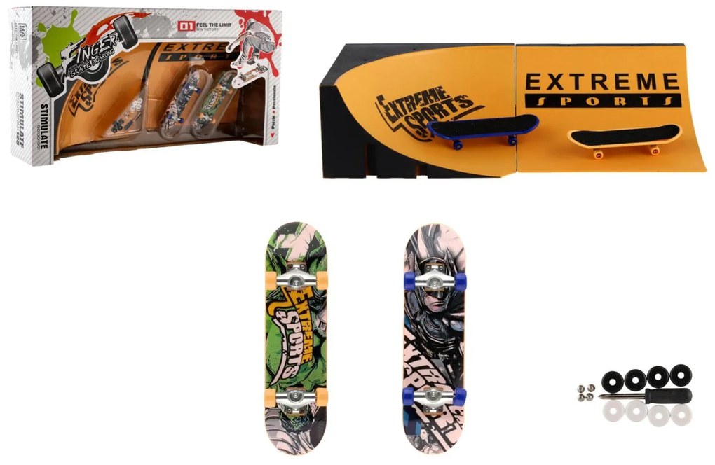 Skateboard prstový šroubovací 2ks plast 10cm s rampou s doplňky 2 barvy v krabičce 35x9x18cm
