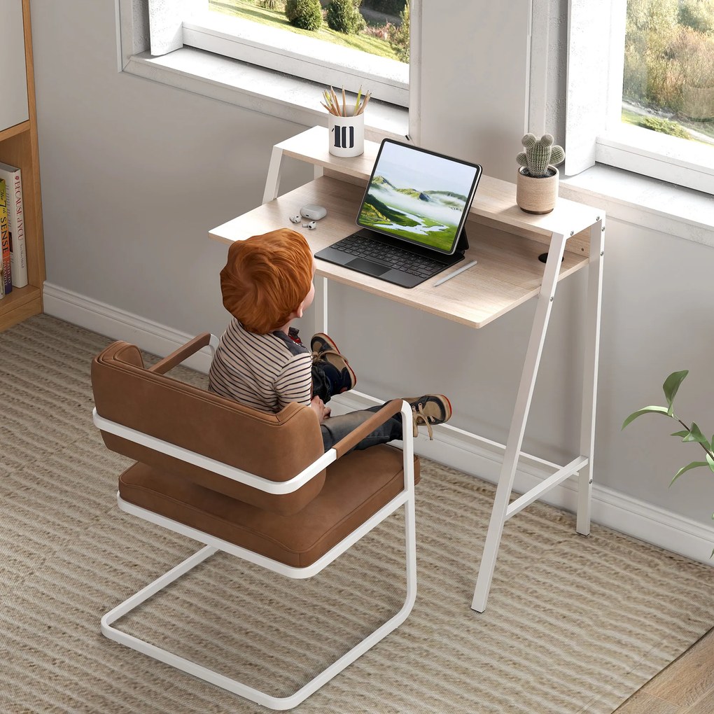 Psací stůl HOMCOM Moderní počítačový stůl s úložným prostorem a kabelovou zásuvkou Kovový rám bílý dub 84x45x85cm pro domácí kancelář a pracovnu