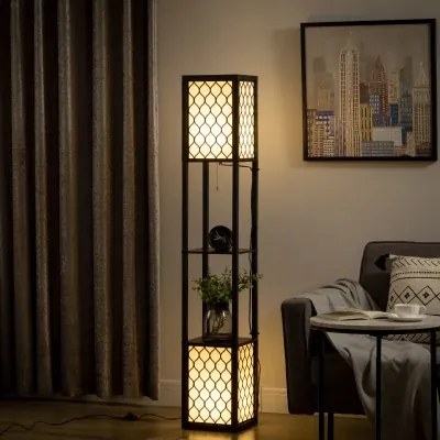 HOMCOM Stojací lampa s policí a dvojitým světlem, 40W, E27, řetízkový vypínač, do obývacího pokoje, ložnice