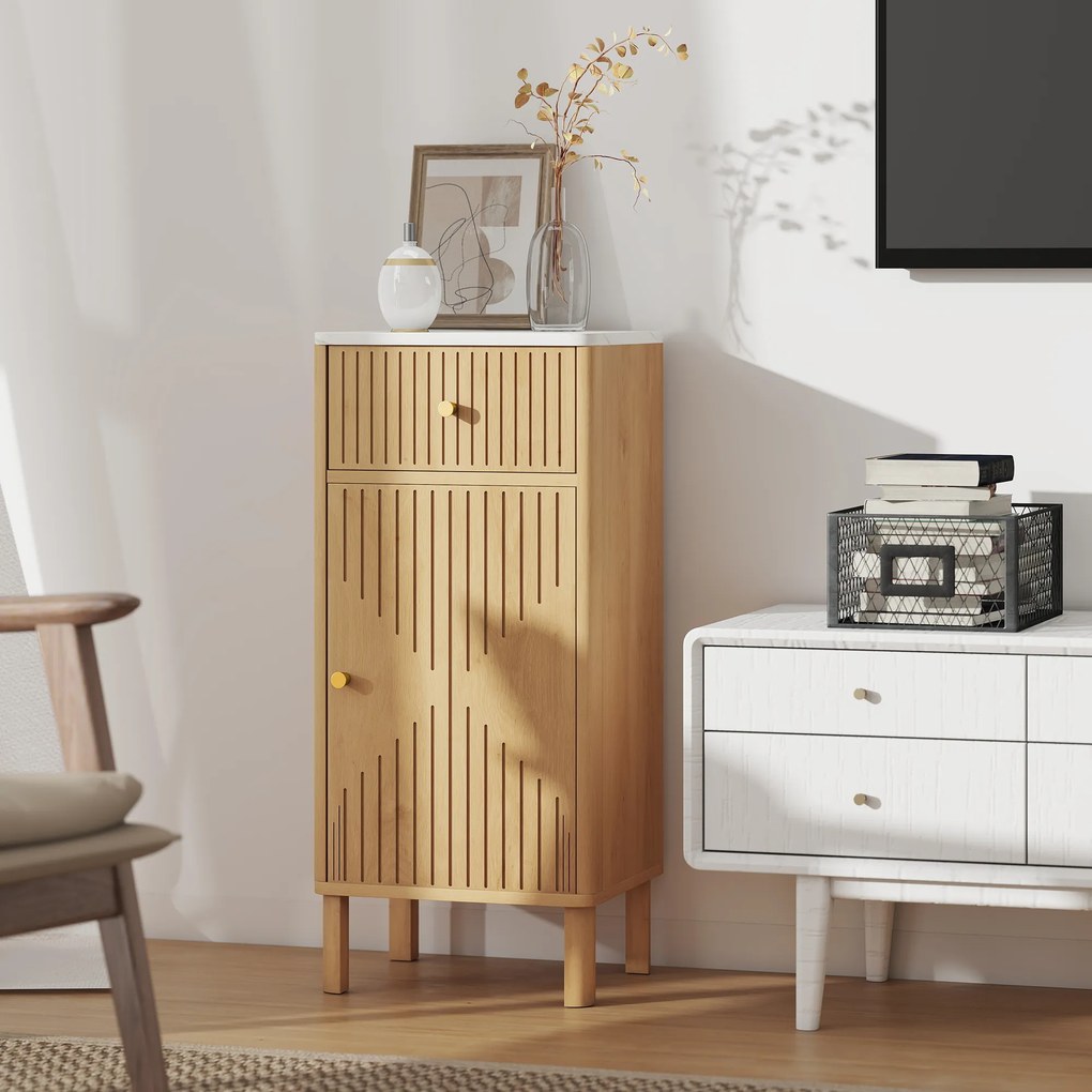 HOMCOM koupelnová skříňka, úložná skříňka s mramorovou efektní deskou a drážkovanými dveřmi, zásuvka 36 Š x 30 H x 80 V cm, dub