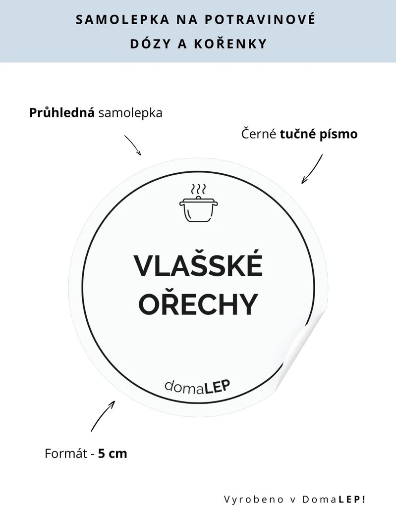 VLAŠSKÉ OŘECHY – průhledná samolepka na dózu, tučné písmo, 5 cm | DomaLEP