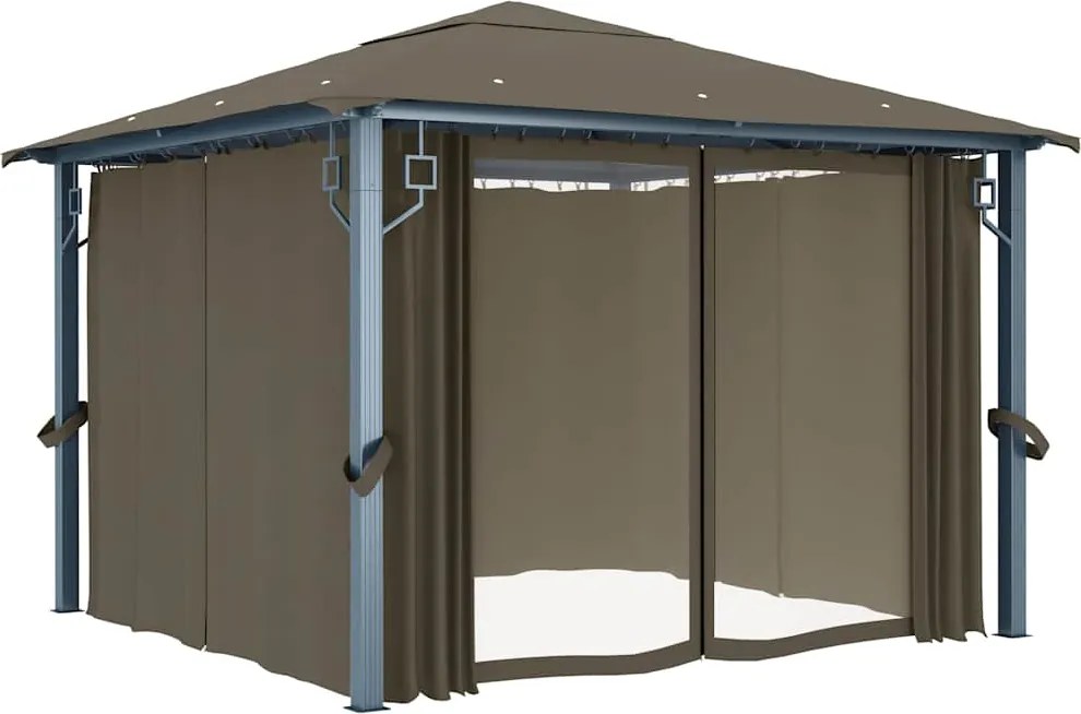 Altán se závěsy a světelnými LED řetězy 3 x 3 m taupe hliník 3070334