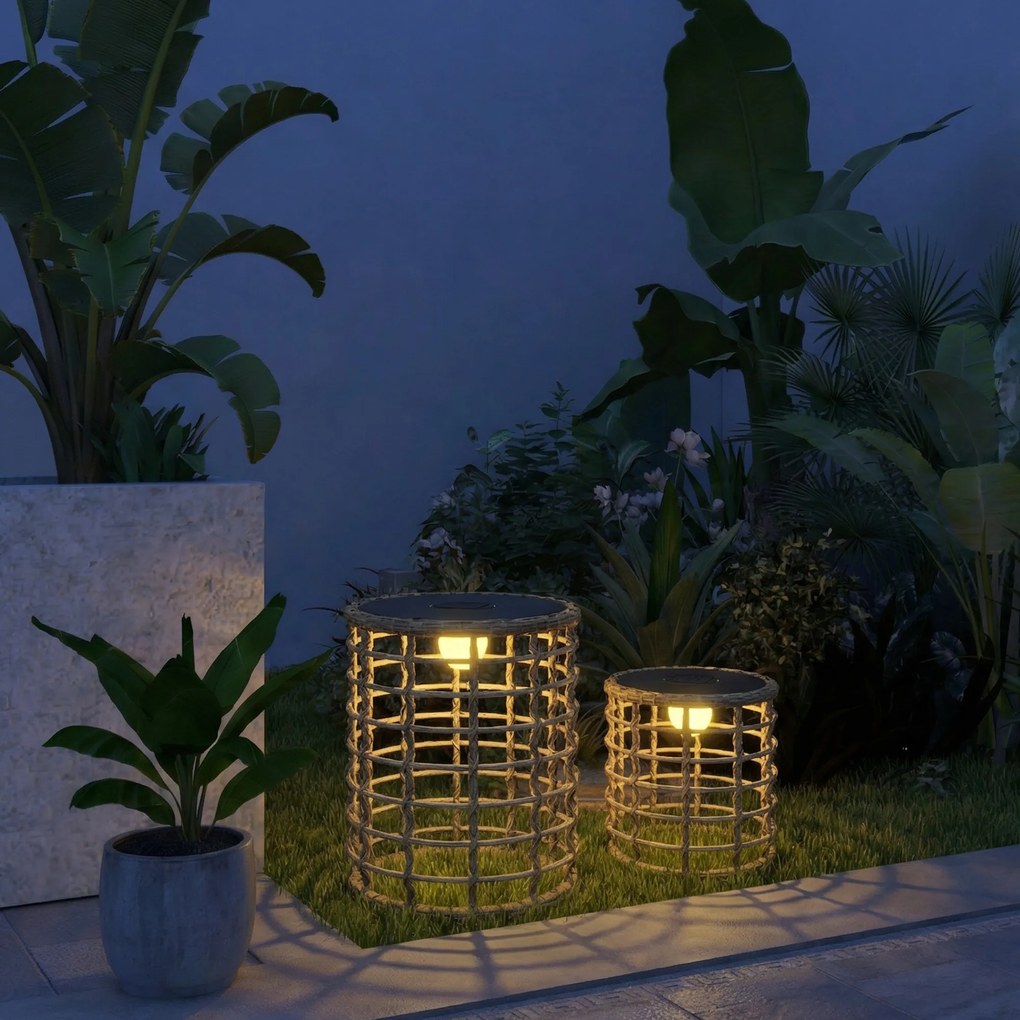 Outsunny Solární stojací lampa sada 2 ratanových solárních lamp se světelným senzorem LED solární světlo v boho stylu IP44