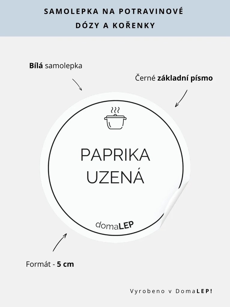 Samolepka na kořenky PAPRIKA UZENÁ bílá 5 cm základní písmo