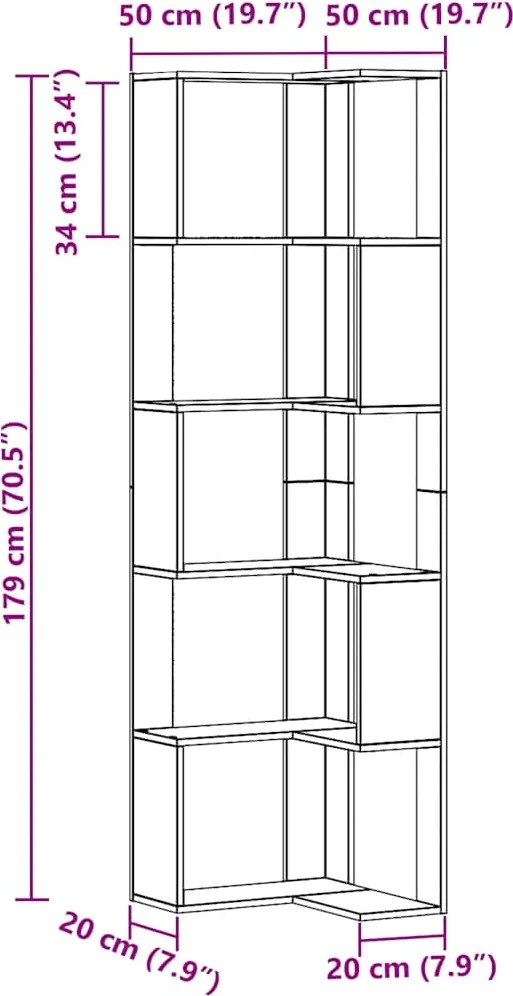 vidaXL Rohová 5patrová knihovna dub artisan 50 x 50 x 179 cm kompozit