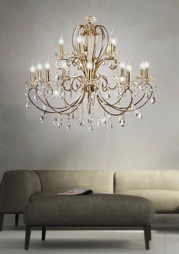 Zlatý křišťálový lustr Aurora pro žárovku 15x E14  - Candellux