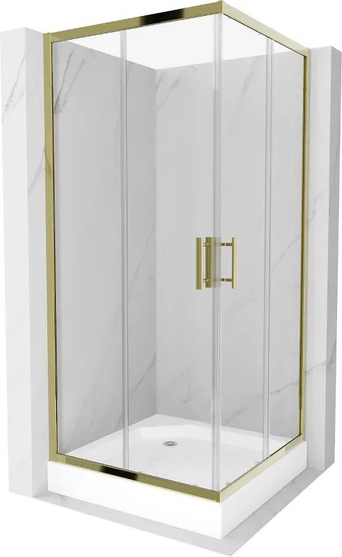 Mexen Rio, čtvercový sprchový kout s posuvnými dveřmi 90 (dveře) x 90 (dveře) x 190 cm, 5mm čiré sklo, zlatý profil + bílá sprchová vanička RIO, 860-090-090-50-00-4510