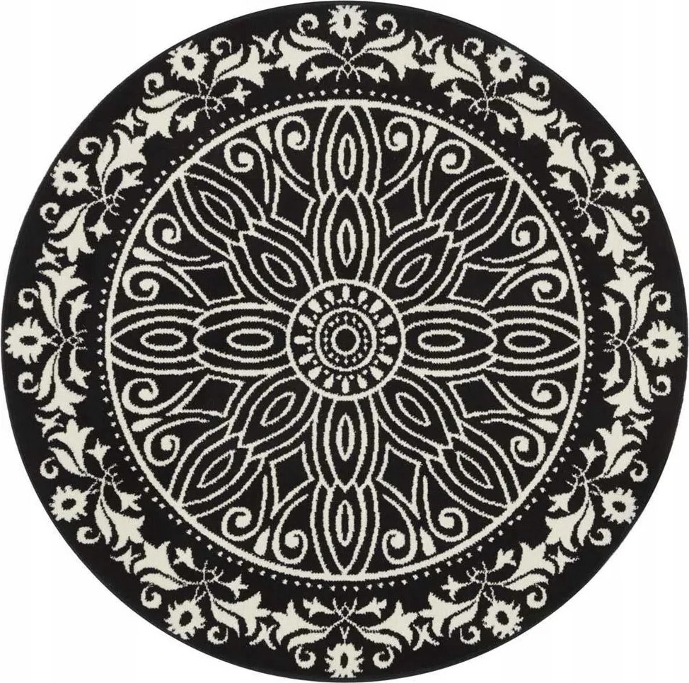 Kulatý moderní koberec do obývacího pokoje, černo krémový vzor Mandala 140 Cm