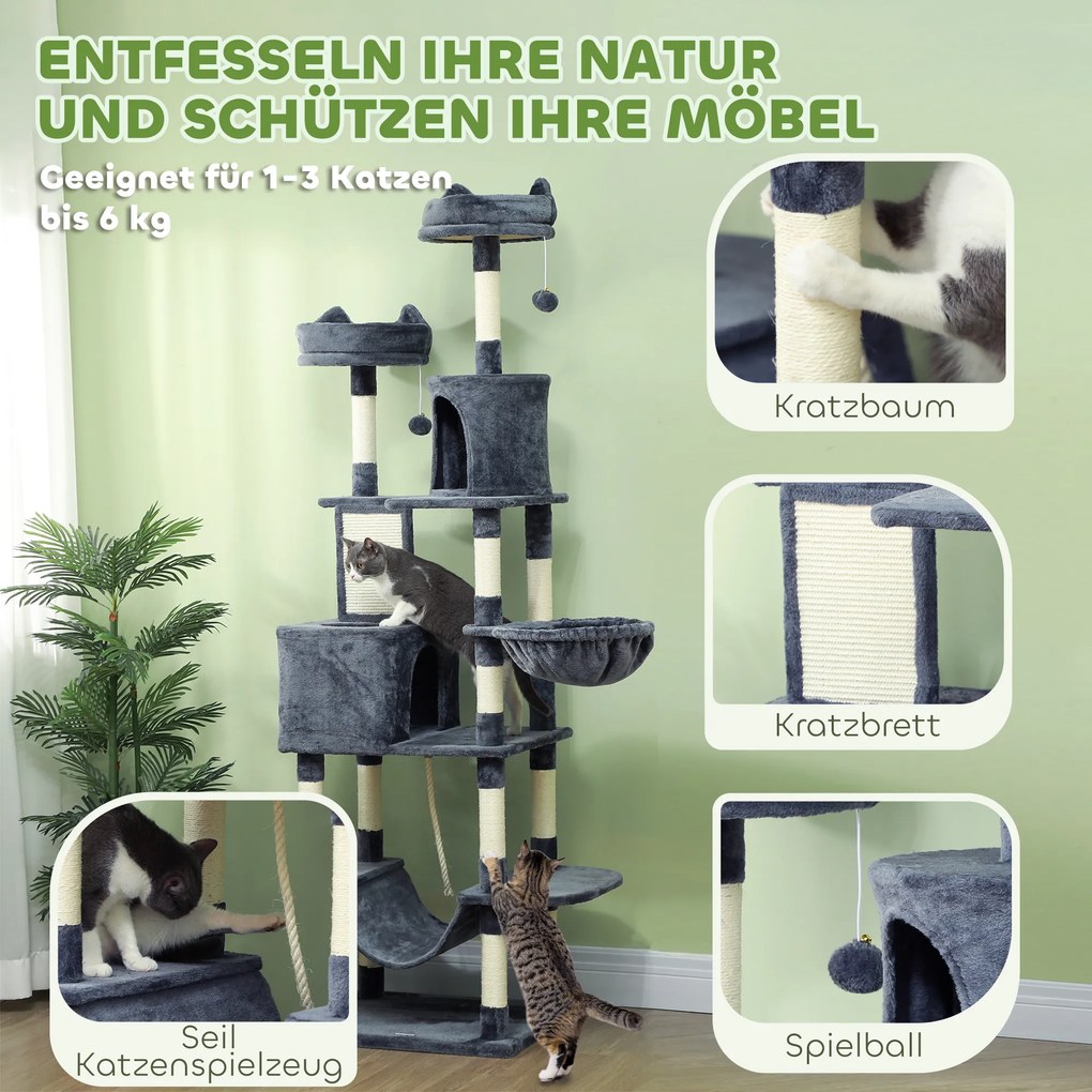 PawHut Škrabadlo 206 cm Kočičí věž s jeskyní, 2 hrací balíky, sisalové sloupky, plošina pro velké kočky, tmavě šedá barva