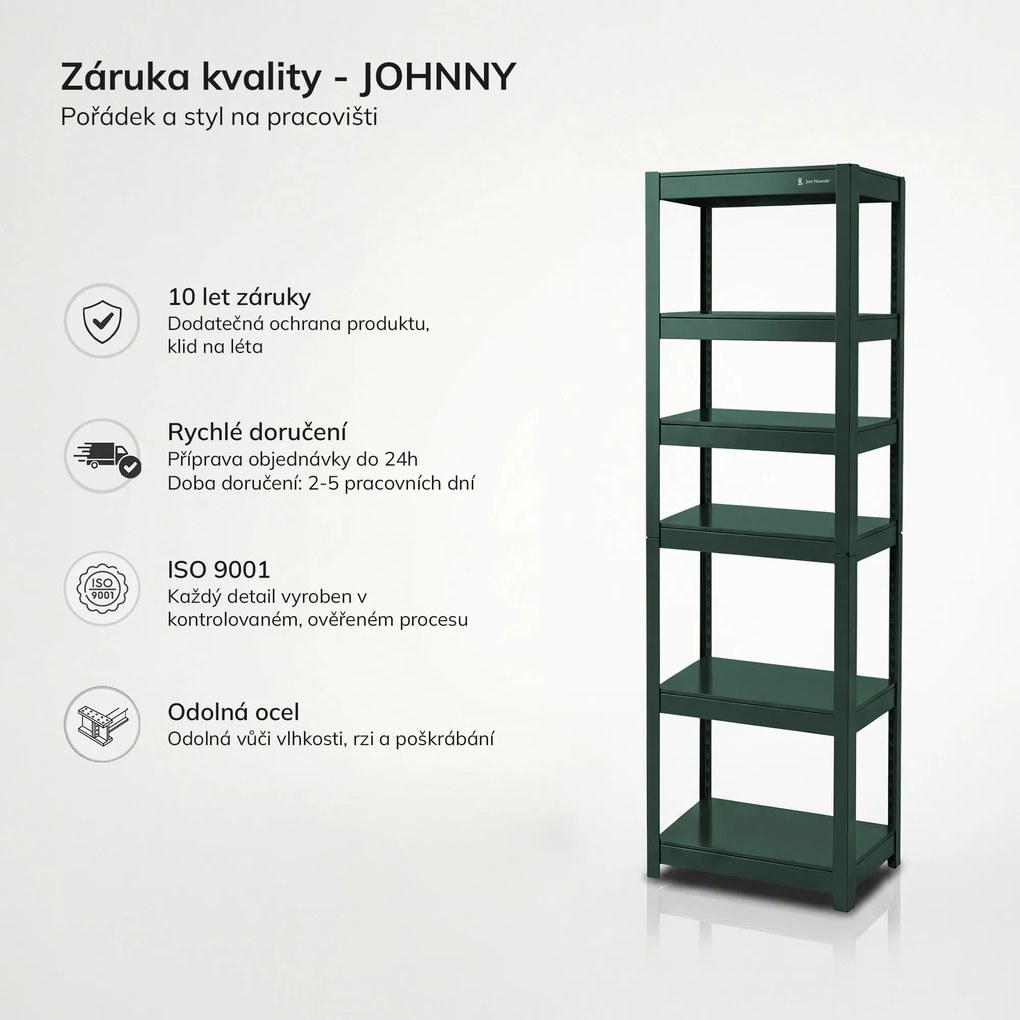 Úzký kovový regál, zelený, 1800x450x420 mm: JOHNNY